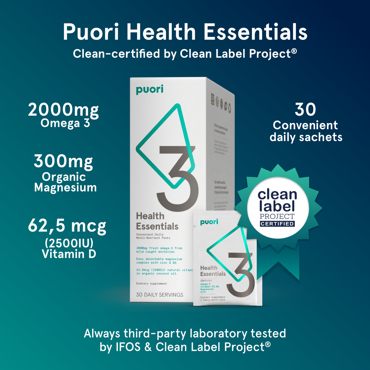 Puori P3 - Health Essentials packages: Omega 3, vitamin D & magnesium